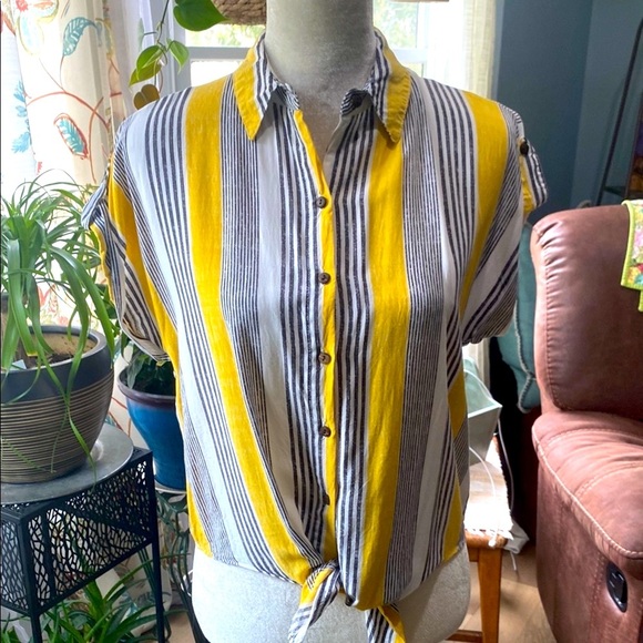 Love Notes | Tops | Love Notes Yellow And Black Striped Blouse With Tie ...